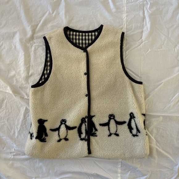Jackets & Coats | Penguin Pattern Fleece Vest Cream And Black | Poshmark